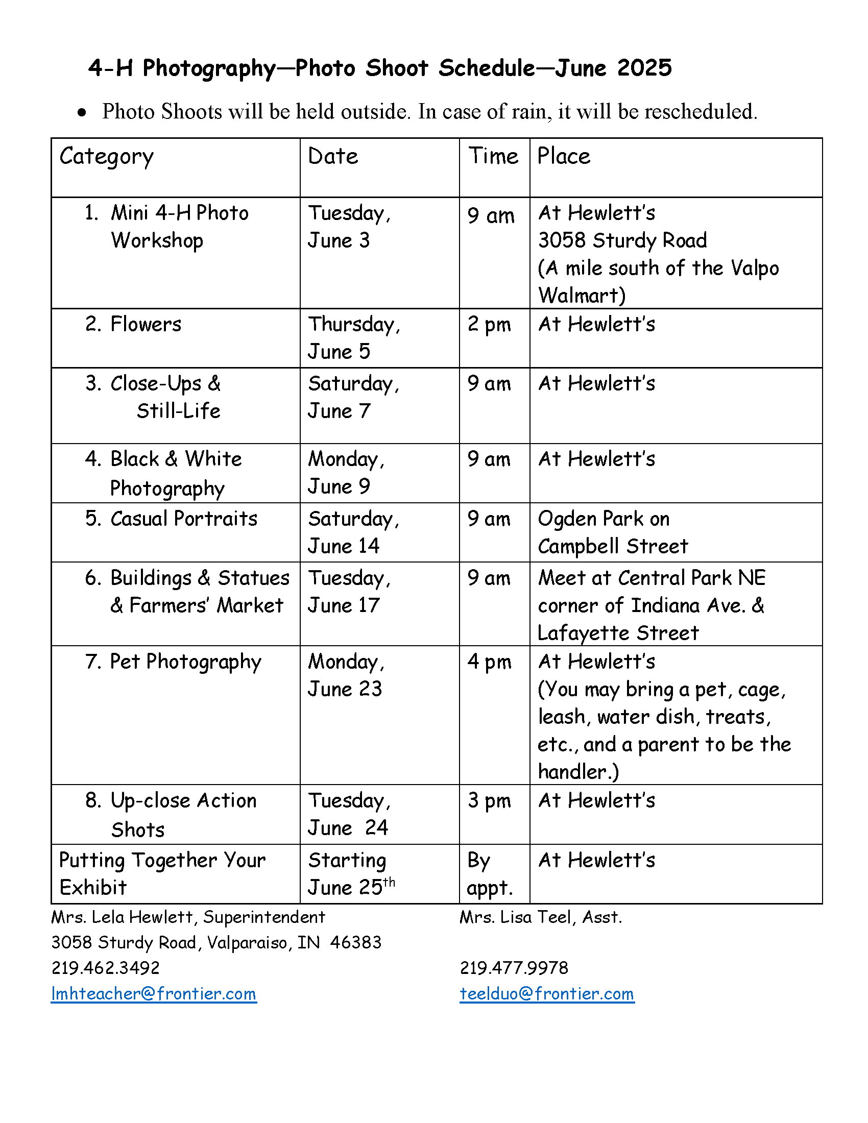 Photography Project Photo Shoot Schedule-Update – Porter County 4-H Hub