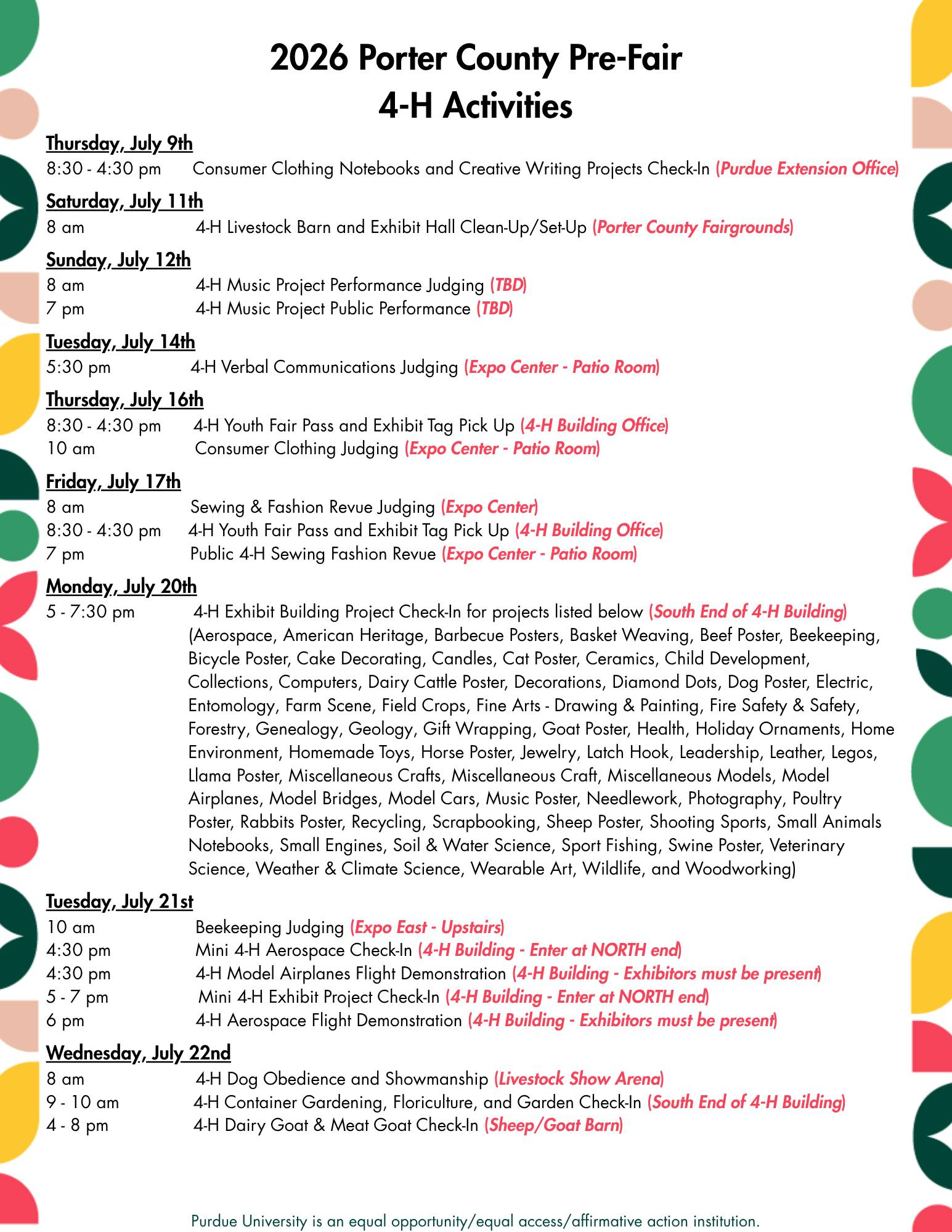 Porter County 4-H Fair Schedule – Porter County 4-H Hub